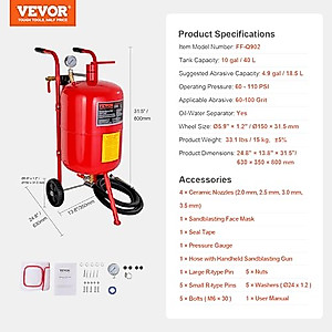 Sand Blaster VEVOR 10Gal Pot Sandblaster, 125 Psi Pressure Sand Blasting Complete Kit for Paint, Stain, Rust Removal and Special Surface Treatment of Material
