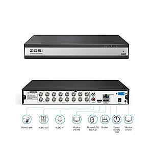ZOSI 3K Lite H.265+ 16 Channel Video Security DVR Recorder with AI Human/Vehicle Detection,16CH Hybrid 4-in-1 CCTV DVR with 4TB HDD for Home Surveillance Camera System,Remote Access,24/7 Recording