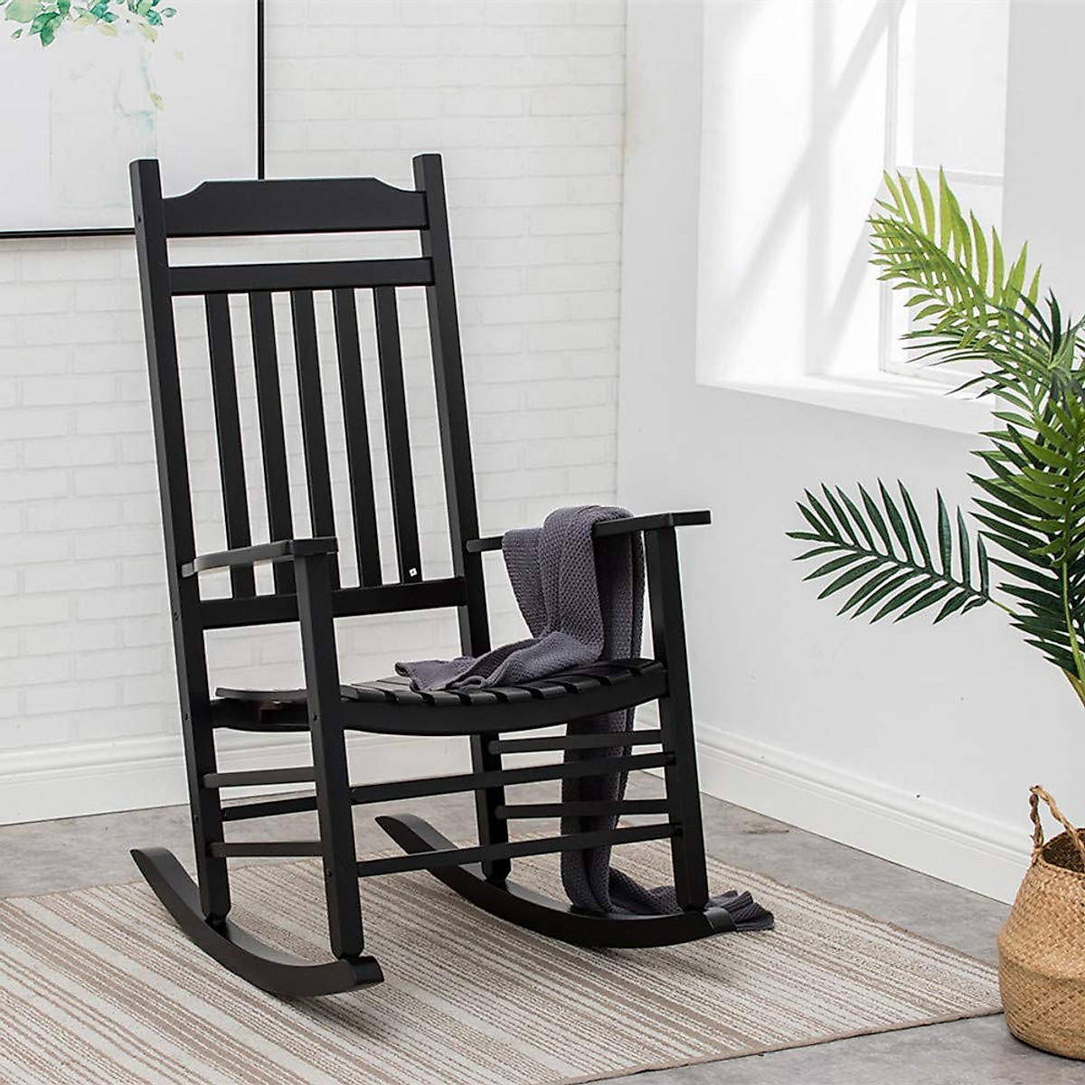 BplusZ KD-30B Wooden Rocking Chair Outdoor Rocker for Porch Patio Lawn Indoor Classic Arm Chairs Black,1 Chair