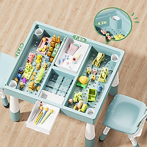 Brelley Kids Table and Chairs Set Building Blocks Table with Storage and Drawers, Height Adjustable Chairs, Reversible Top Activity Table, Craft & Play Table Gift for Ages 2-8, Grayish Blue
