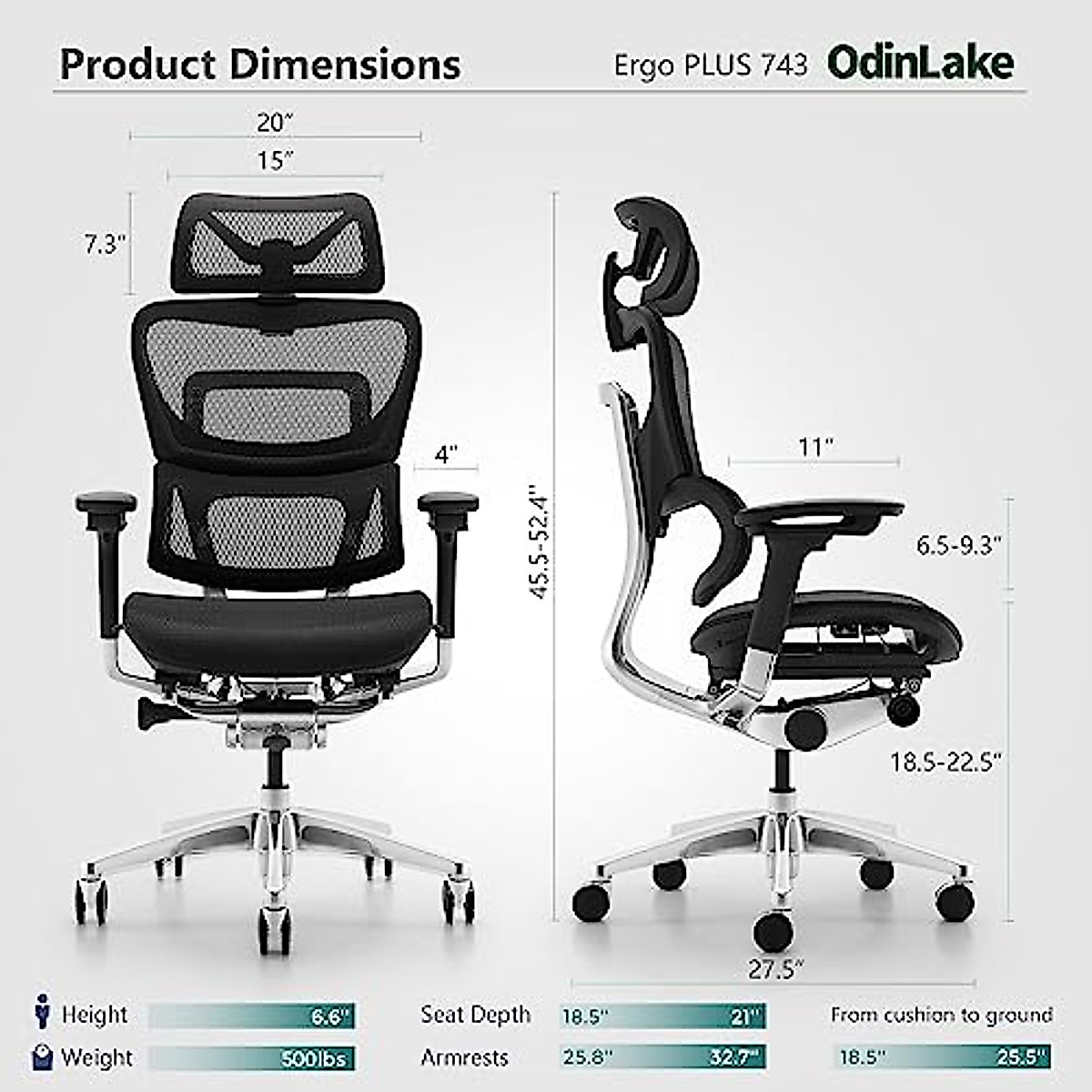 Odinlake Big & Tall Office Chair 500lbs, Heavy Duty Ergonomic Mesh Chair, High Back Swivel Computer Chair with Lumbar Support & 4D Arms，Adjustable Wide Seat Home Desk Chair with Headrest