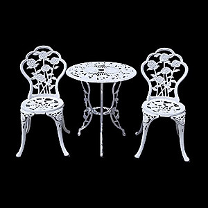 Outdoor Furniture Bistro Set with Rose Pattern 1 Table 2 Chairs for Garden Patio Porch (White)