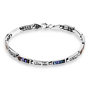 AeraVida Delicate Greek Key Labyrinth Abalone Shell Inlay .925 Sterling Silver Link Bracelet | Casual Sterling Silver Bangle Bracelet | Jewelry Gift