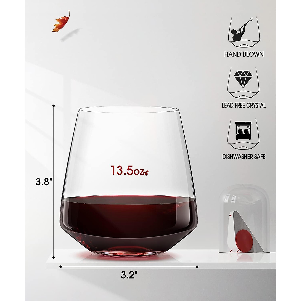 Stemless Wine Glasses Set of 4-13.5oz，Hand Blown Red White Wine Glasses - Unique gifts for him/her for Birthday, Wedding, Christmas, father's day, anniversary