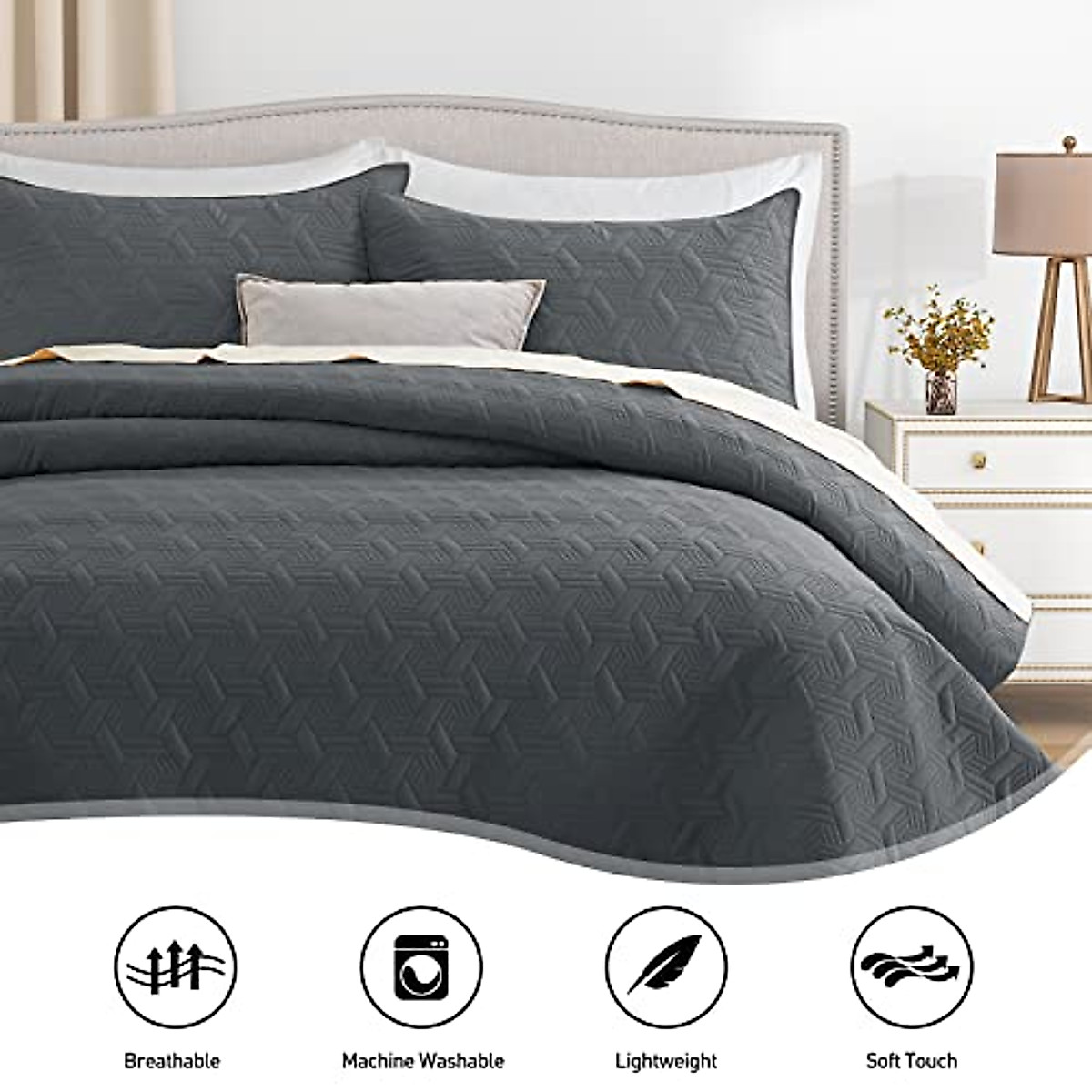 Lavsiry Queen Dark Grey Quilt Bedding Set, Summer Lightweight Full Size Basket Pattern Bed Spread, Soft Microfiber Bedspread Coverlet Set for All Seasons - 3 Piece(1 Quilt, 2 Pillow Shams)