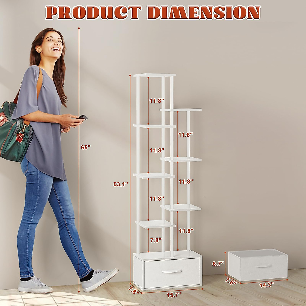 Vrisa 7 Tier Bookshelf with Storage Bookcase with Fabric Drawer Morden Book Shelf Wood Display Shelf Storage Organizer Freestanding Open Shelf Unit for Living Room, Bedroom, Home Office, White