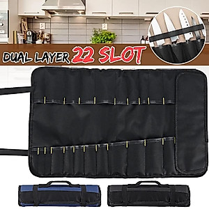 22 Pockets Chef Knife Bag Roll Carry Case Kitchen Portable Durable Storage, Black, 58 cm x 35.3 cm