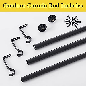 NICETOWN Rustproof & Waterproof Heavy Duty Outdoor Patio Curtain Rod Set with Classic Groove Round Finials, 1 inch Diameter Adjustable Length 72 to 144" Length, Matte Black