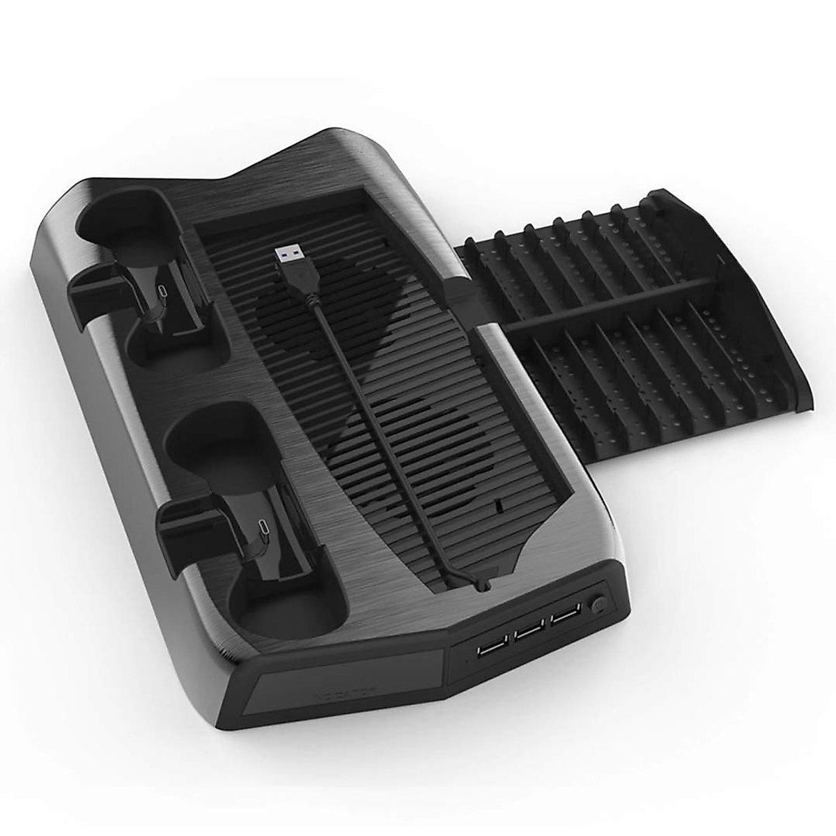 PS 5 Vertical Stand with Cooling Fan for Digital and Disk Edition, Charging Station Dock with Dual Controller Fast Charger Ports and Retractable Game Storage for PS 5 and Controllers