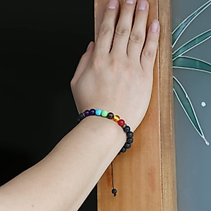 HEDQFM 2 PCS Chakra Bracelets Lava Rock Stone Aromatherapy Essential Oil Diffuser Bracelet Adjustable Woven Bracelet and Elastic Rope Bracelet for Men and Women (Chakra B)