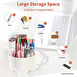Desk Pen Holder, 5 Slot 360 Rotating Pen Organizer for Desk, Desktop Storage Stationery Supplies Organizer, Cute Pencil Cup Pot for Office, School, Home, Art Supply, Beige