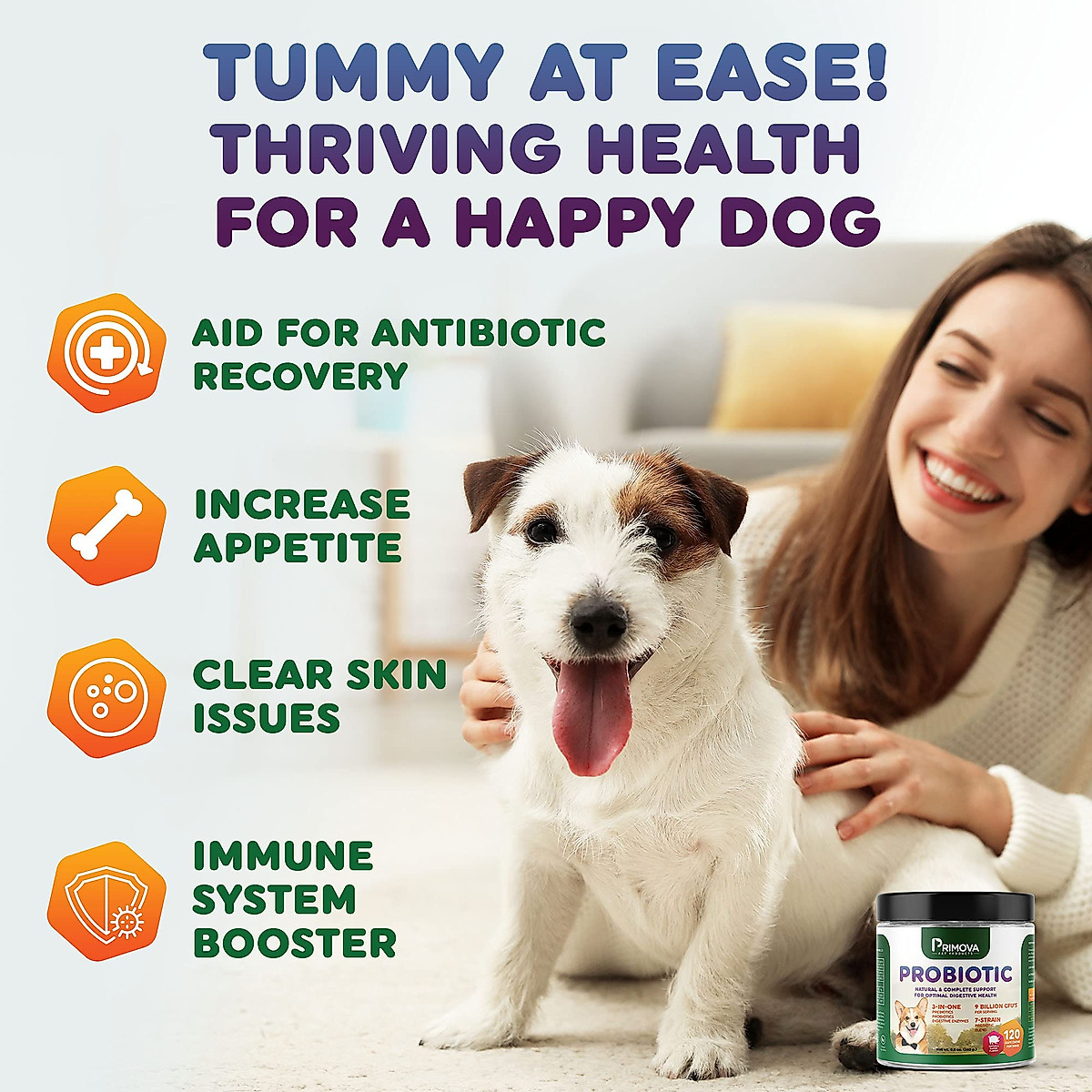 Primova Pet Products - Probiotic Dog Chews for Dog Digestive Enzymes - Dog Diarrhea & Natural Allergy Relief - Puppy Probiotic Chews - Dog Allergy Chews - Pack of 120 Chews