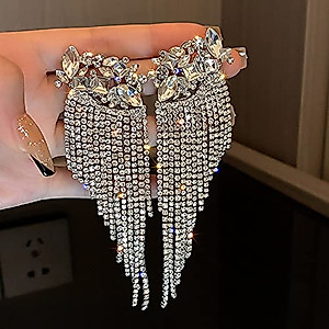 Octwine Long Tassel Full Bling Bling Fashion Crystal Rhinestone Drop Earrings Oversized Wedding Prom Party Long Rhinestone Earrings for Women