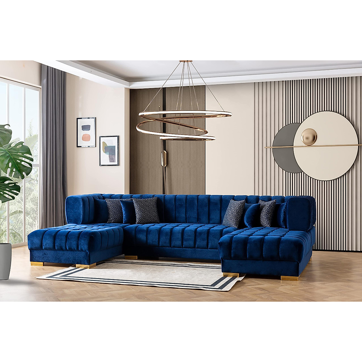STAFFORA Sectional Sofa, Double Chaise Oversized U Shaped Couch, Ariana 7 Seater Velvet Sofa for Living Room (Blue)