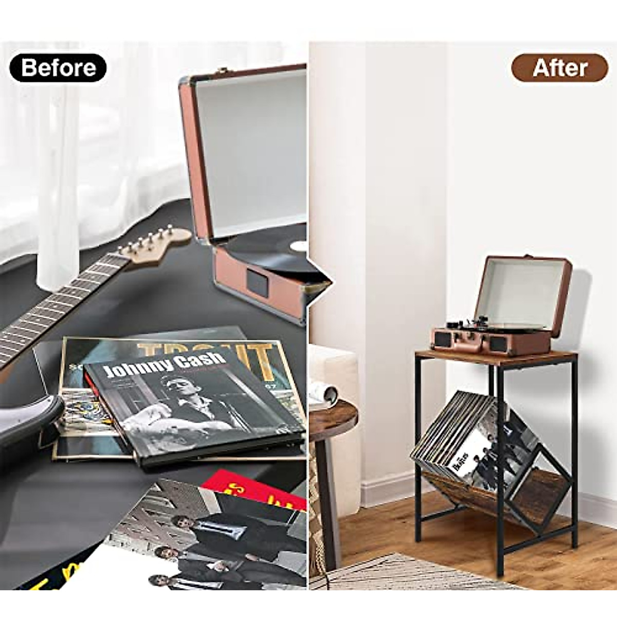 Telawsfun Record Player Stand Table with Album Storage, Record Player Shelf Cabinet Holder Up to 80 Lp, Metal &Wood Vinyl Record Display Desk ,Small Side End Table for Most Turntables