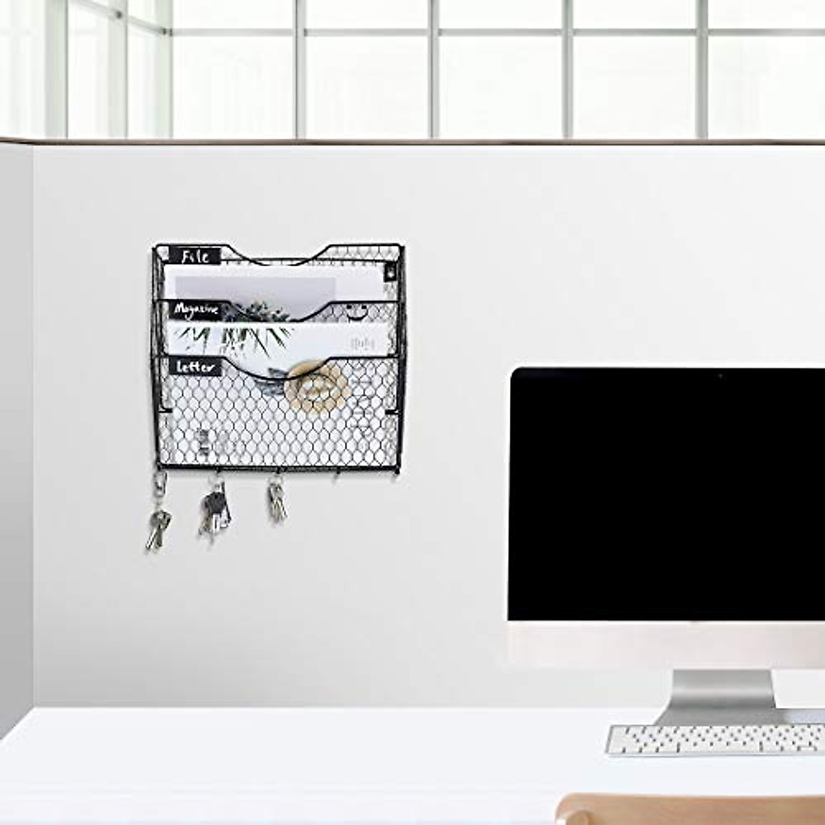 Superbpag Hanging Mail Sorter Organizer 3-Tier Metal Chicken Wire Wall Mount Magazine Literature Rack with Key Holder, Black