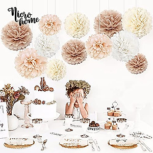 NICROHOME Wedding Decorations, 12 PCS Champagne Tissue Paper Pom Poms, Creamy White Paper Flowers for Engagement Receptions, Bachelorette, Birthday, Bridal Showers Party Supplies
