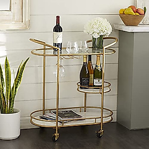 Deco 79 Metal Rolling 1 Glass and 2 Marble Shelves Bar Cart with Lockable Wheels and Mirrored Top, 31" x 16" x 33", Gold