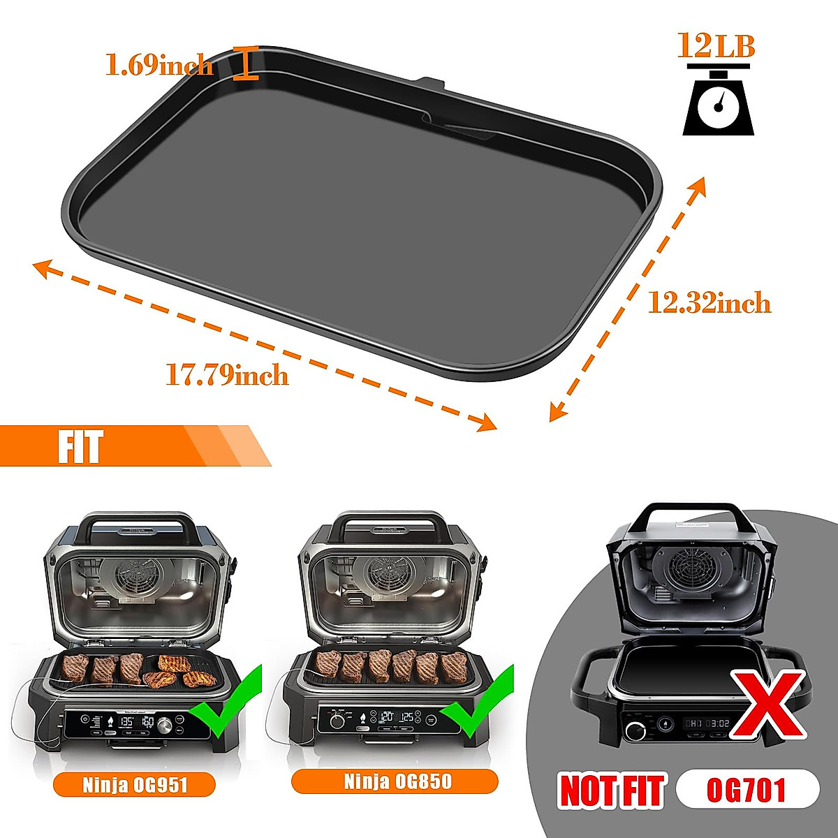 GRILL FORCE Cast Iron Griddle Plate for Ninja Woodfire Pro XL, OG800 and OG900 Series, Outdoor Flat Top Griddle Plate,Griddle Pan with Oil Hole, Ceramic Coating, Insert, Black