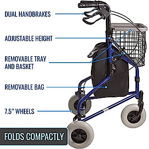DMI Folding Rollator Walker with Swiveling Front Wheels, FSA HSA Eligible, 3 Wheel, Aluminum Light-Weight, Detachable Storage Tray, Royal Blue