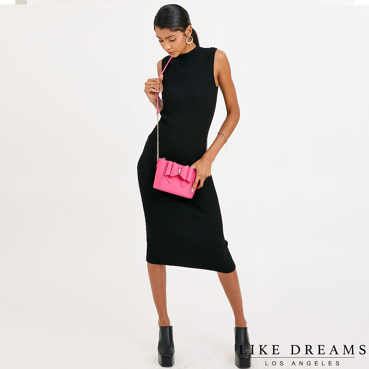 Like Dreams Womens Small Crossbody Vegan Leather Bowtie Fashion Gold Chain Handbag Purse (Fuchsia)