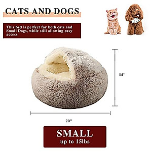 KWEWIK Cat Bed Round Soft Plush Burrowing Cave Hooded Cat Bed Donut for Dogs & Cats, Faux Fur Cuddler Round Comfortable Self Warming pet Bed, Machine Washable, Waterproof Bottom, Small, Coffee