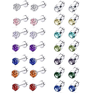 Tornito 14 Pairs Stainless Steel CZ Stud Earrings for Women Multicolor Cubic Zirconia Cartilage Helix Earrings Set Screwback 4MM