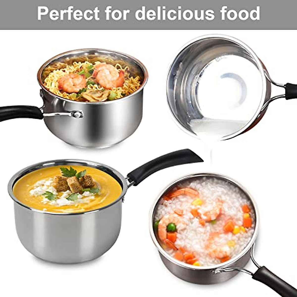 HOXHA Sauce Pot, 1.5 Quart Nonstick Saucepan, Stainless Steel Saucepan with Lid, Universal Milk Pot, Multipurpose Pot for Kitchen Home Restaurant Black