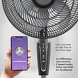 Comfort Zone 18" Smart WiFi 3-Speed Oscillating Stand Fan, Wall-Mountable, Compatible with Alexa, Voice Control, Full-Function Timer, and Tri-Curve Technology to Reduce Turbulence and Noise, Black