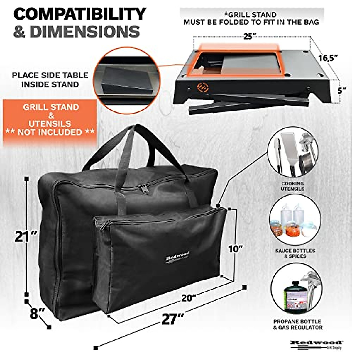 Redwood Grill Supply Stand Carry Bag for Blackstone 17/22 Inch Griddles, Portable Tabletop Grills and BBQ Utensils. Heavy Duty Waterproof Design for Camping, Roadtrips, Storage and Outdoor Use