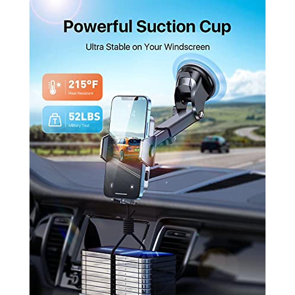 andobil Windshield Car Phone Holder [Super Suction Cup, Military Sturdy] Ultra Stable 3 in 1 Cell Phone Mount for Car Dashboard Vent Fit for iPhone 14 13 12 Pro Max Plus Samsung S23 S22 All Phones