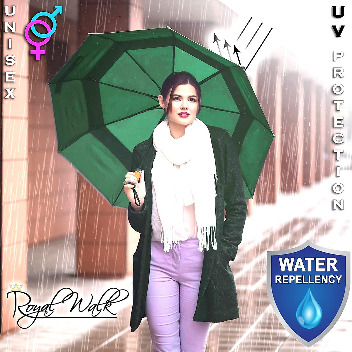 Royal Walk Windproof Folding Travel Umbrella Compact and Strong Luxurious Real Wood Handle Automatic Open Close Vented Double Canopy for Men and Women