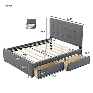RUNWON Queen Size Linen Upholstered Platform Bed Frame with Headboard and Two Drawers for Bedroom, Grey
