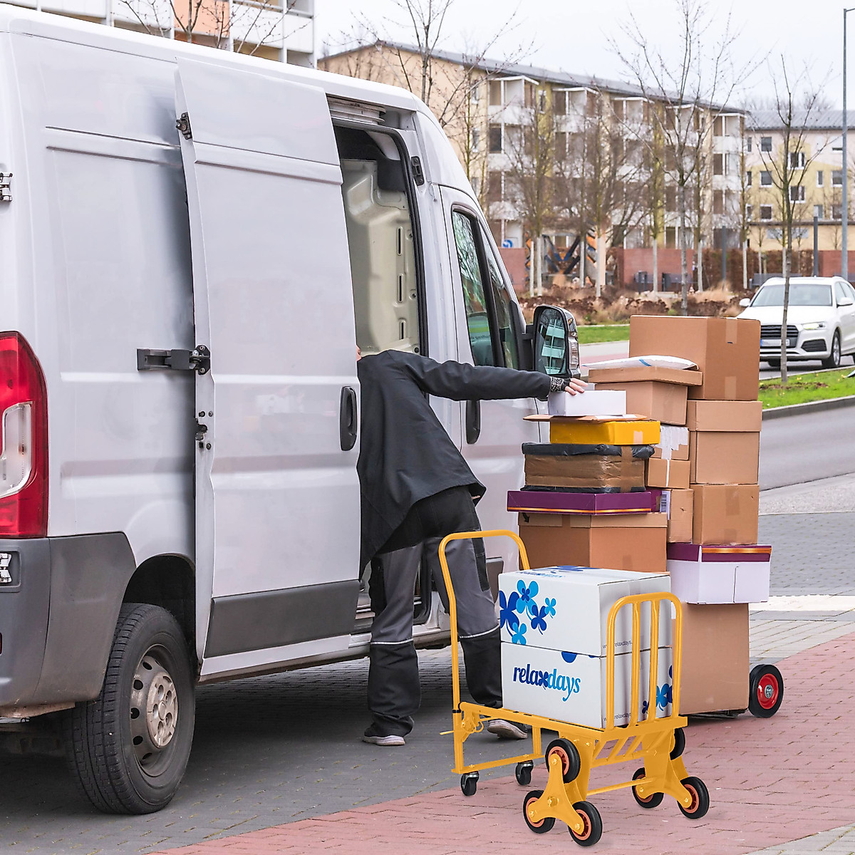 Relaxdays Stair Climbing Hand Truck, Folding Cart, up to 50/150 kg, Solid Rubber Tyres, Height Adjustable, Yellow, 124 x 54 x 77 cm