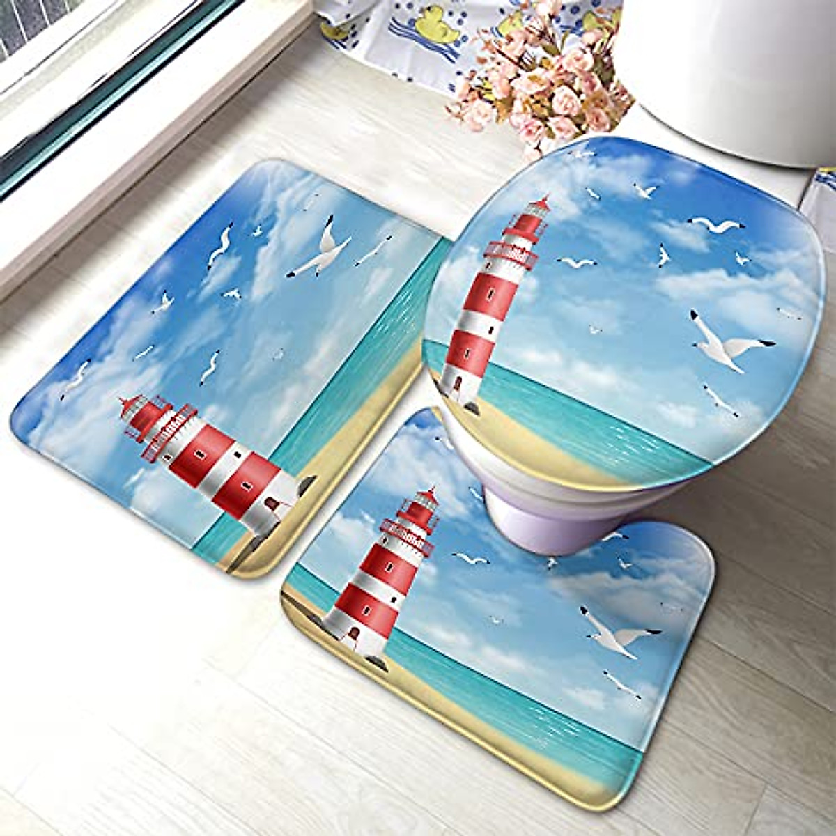 WONDERTIFY Lighthouse Bathroom Antiskid Pad Beach Bright Cloud Blue Sky 3 Pieces Bathroom Rugs Set, Bath Mat+Contour+Toilet Lid Cover Colorful