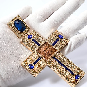 Nazareth Store Pectoral Cross Wooden Jesus Face Crucifix Pendant Icon Blue Crystallized Stones Elements Christian Priest Bishop Necklace 23"