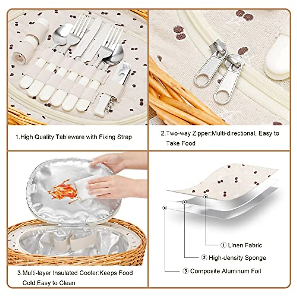 STBoo Wicker Picnic Basket for 2 with Large Insulated Cooler Compartment and Folding Table, Cutlery Service Kits, Willow Hamper Set with Woven Handles for Camping, Outdoor, Christmas, Party(Beige)