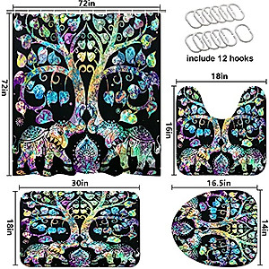 DuoBaorom 4 Pieces Set Boho Elephant Shower Curtain Set Boho Paisley Animal Tree of Life Picture Print on Non-Slip Rugs Toilet Lid Cover Bath Mat and Bathroom Curtain with 12 Hooks 72x72inch