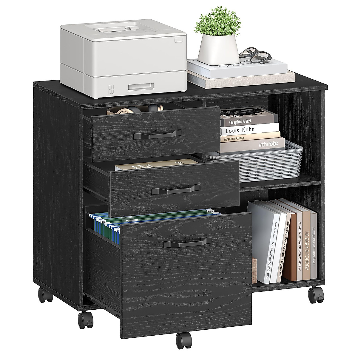 VASAGLE Lateral File Cabinet, Home Office Printer Stand, 3-Drawer Mobile Filing Cabinet with Open Storage Shelves, for A4, Letter-Size Files, Black with Wood Grain UOFC041B56