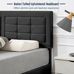 VECELO Queen Size Bed Frame with Adjustable Headboard, Upholstered Button Tufted Platform Bedframe with Wood Slats Support, No Box Spring Needed, Grey