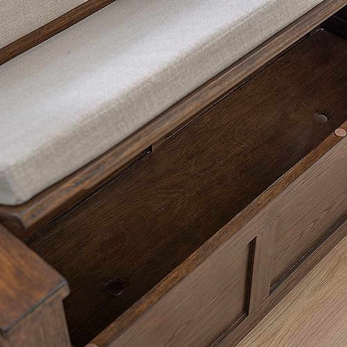Linon Umber Brown Carlton Rustic Storage Bench with Beige Upholstered Back and Cushioned Seat