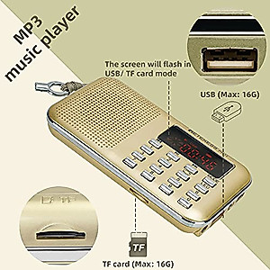 Retekess PR11 AM FM Radio Portable, Rechargeable Transistor Radios Small, with Headphone Jack MP3 Music Player Speaker Support Micro SD Card for Outdoor (Gold)