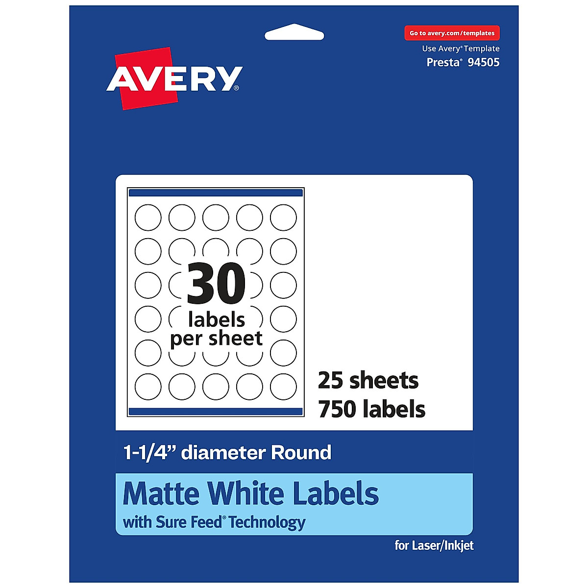 Avery Matte White Round Labels with Sure Feed, 1.25" Diameter, 750 Matte White Printable Labels