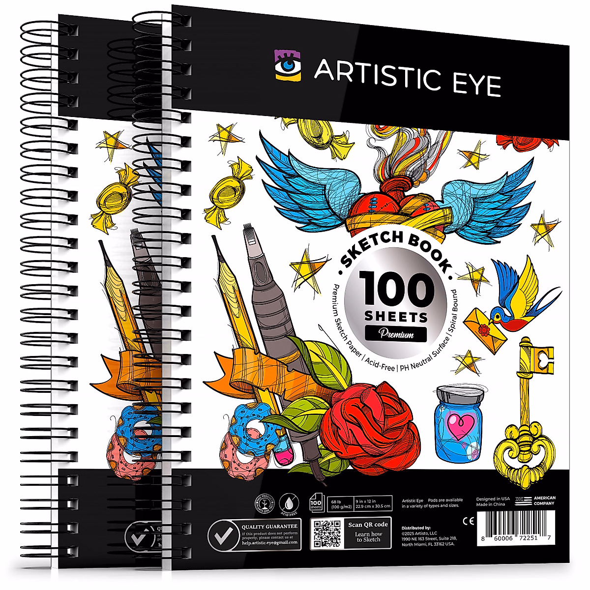 Artisto 9x12" Premium Sketch Book Set, Spiral Bound, Pack of 2, 200 Sheets (100g/m2), Acid-Free Drawing Paper, Ideal for Kids, Teens & Adults.
