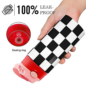 White Black Checkered Water Bottle Stainless Steel Water Cup Coffee Mug with Straw for Home Sports Travel Pink-Style