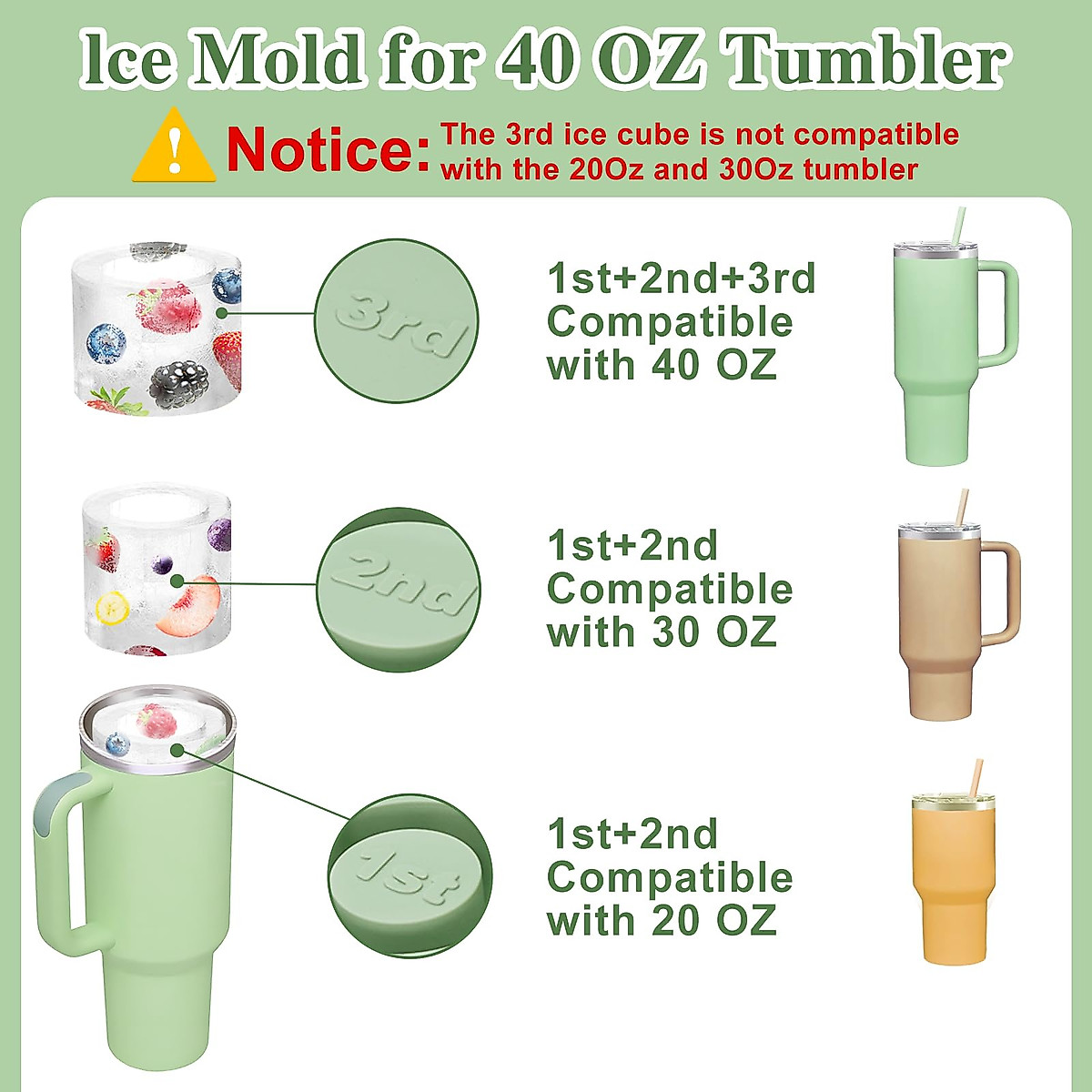 Likiyol Ice Cube Tray for Stanley Cup, Silicone Ice Cube Tray with Lid and Bin for Freezer, 3 Hollow Large Cylinder Tumbler Ice Cube Mold for Drink, Juice, Cocktail, Whiskey, 20Oz/30Oz/40Oz, Green