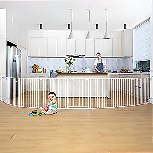 COMOMY 198" Baby Gate Extra Wide, Dog Gate Pet Gate for House Stairs Doorways Fireplace, Adjustable 3 in 1 Play Yard Child Safety Gate, Auto Close, Hardware Mounted (30" Tall, White)