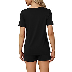 RUBZOOF Pajamas for Women Shorts Set V Neck Casual Short Sleeve Summer Lounge Sets Black L