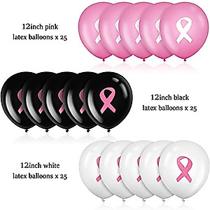 75 Pieces Breast Cancer Awareness Balloons 12 Inch Pink Ribbon Latex Balloons Round Party Balloons Party Supplies for Party Decoration, Pink, White and Black