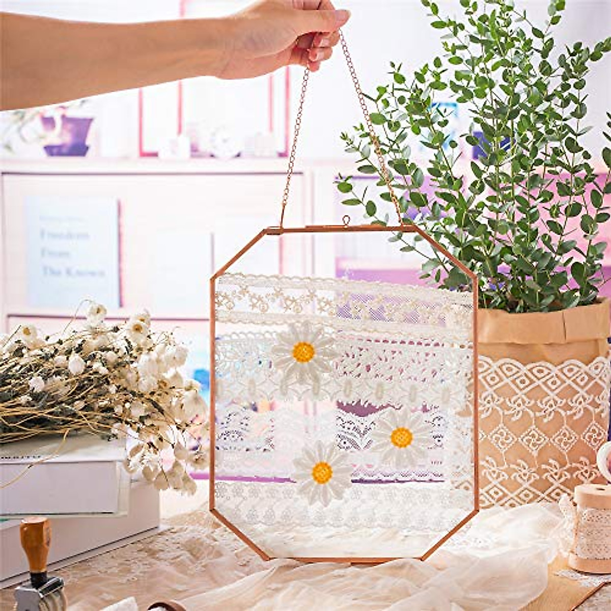 NCYP Wall Hanging 8X10 inches Long Octagon Herbarium Rose Gold Copper Glass Frame for Pressed Flowers, Dried Flowers, Poster, Double Glass, Floating Frame Style, Glass Frame Only